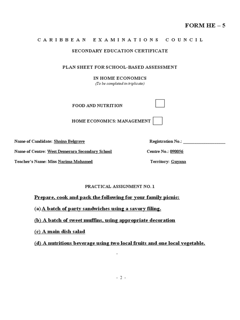 CSEC Food&Nutrition SBAForm PlanSheetHE-5 | PDF | Breads | Muffin