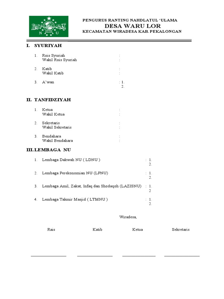 Format SUSUNAN PENGURUS RANTING NU | PDF