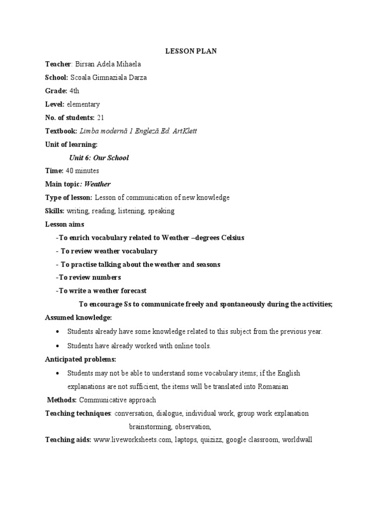 Lesson Plan Clasa A Iva Weather | Download Free PDF | Teachers | Vocabulary