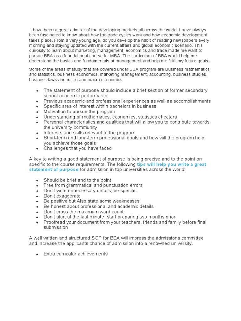 SOP For BBA | PDF | Goal | Curriculum