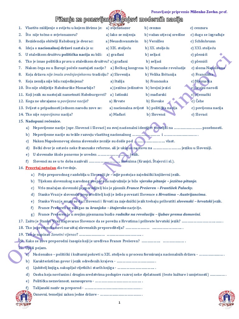 Razred - Ponavljanje Za 2. Ispit Iz Povijesti Ilirski Pokret I Revolucija 1848 | PDF