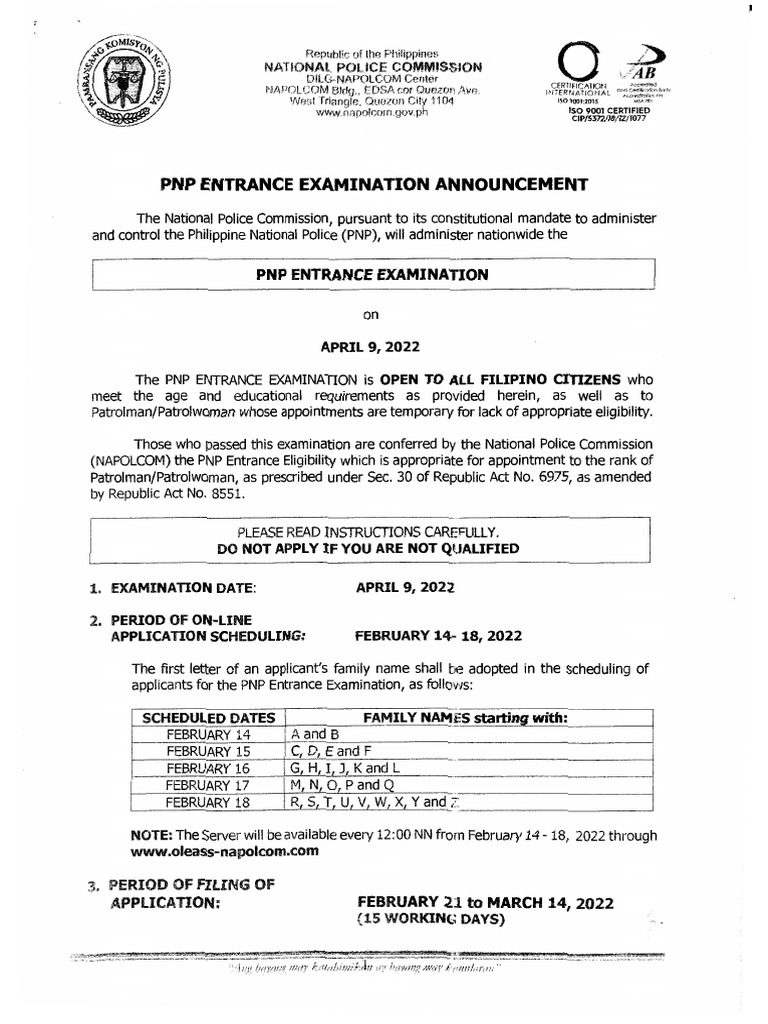 PNP Entrance Exam | PDF
