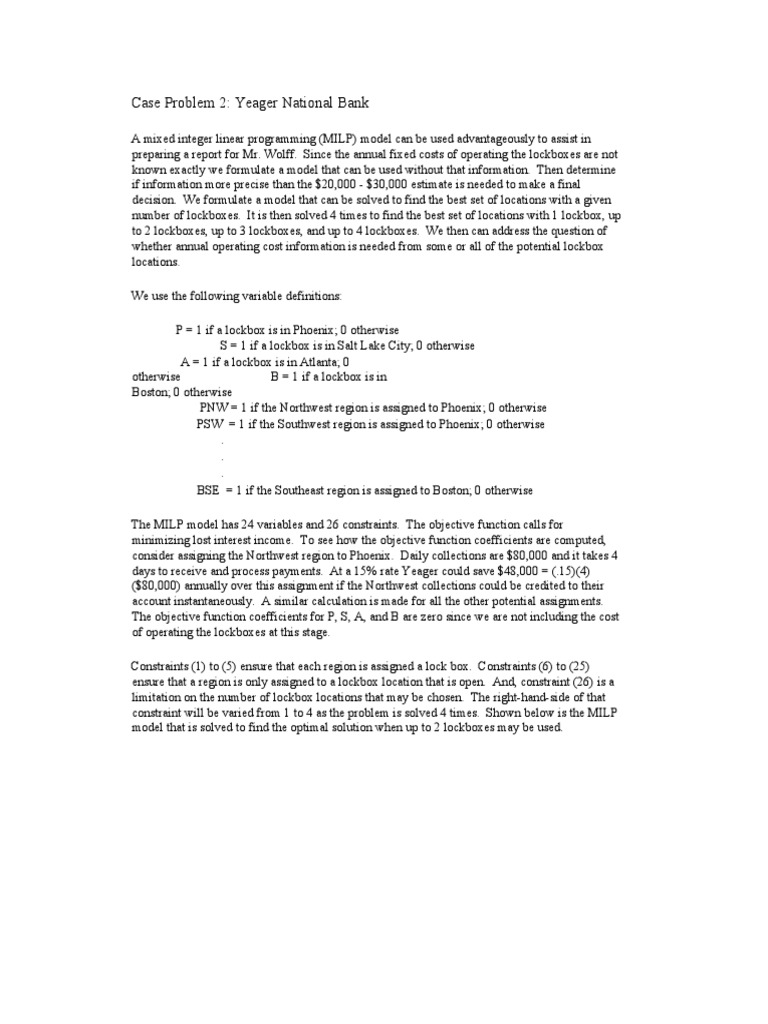 MILP Model for Yeager Bank Lockbox Optimization | PDF | Linear Programming | Loss Function