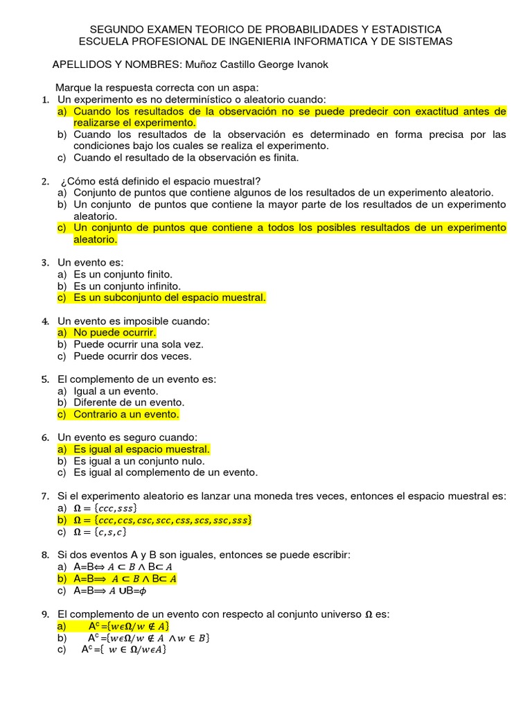 Segundo Examen Teorico Probabilidades y Estadistica-2021-2 | PDF | Aleatoriedad | Probabilidad