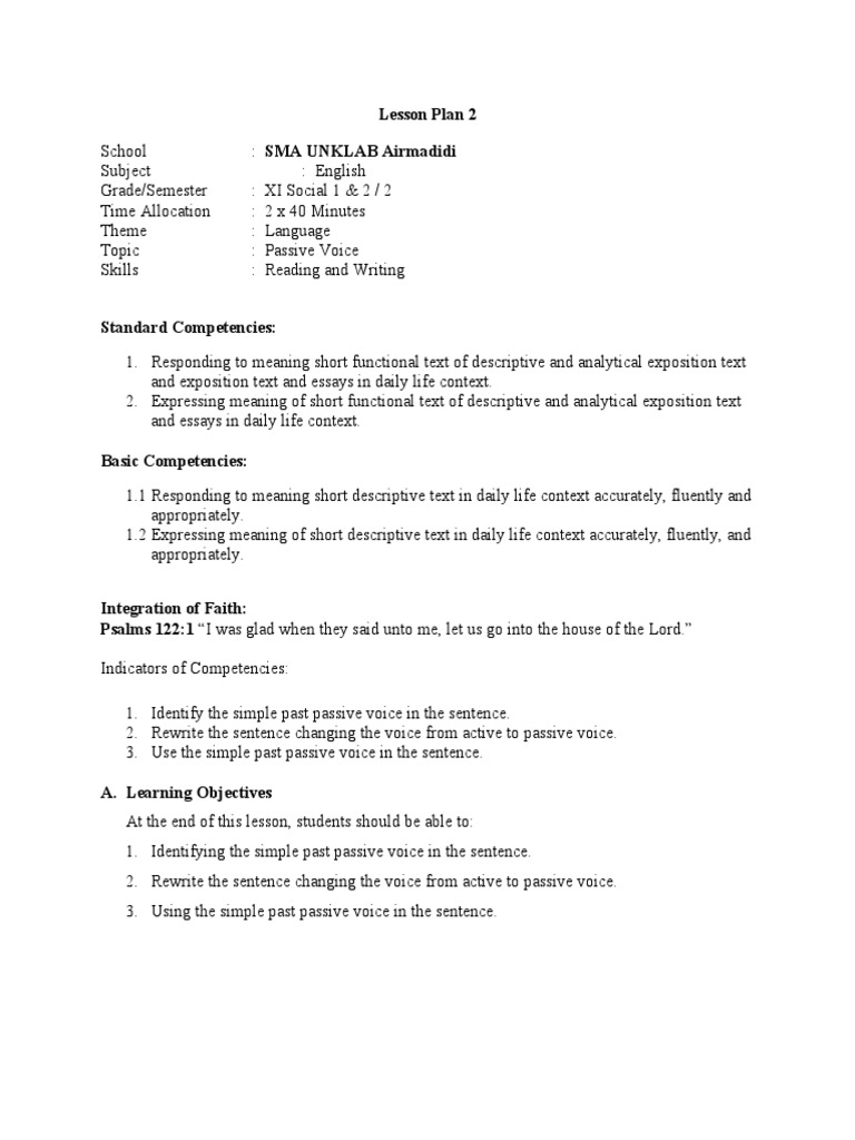 Lesson Plan Passive Voice | PDF | Teachers | Lesson Plan