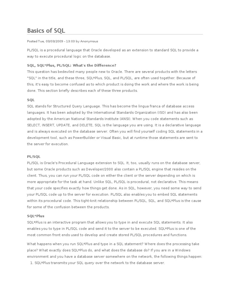 Basics of SQL: SQL, SQL Plus, PL/SQL: What's The Difference? | PDF | Pl/Sql | Sql