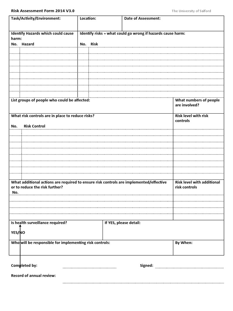 Risk Assessment Form 2014 V3.0: The University of Salford | Download ...