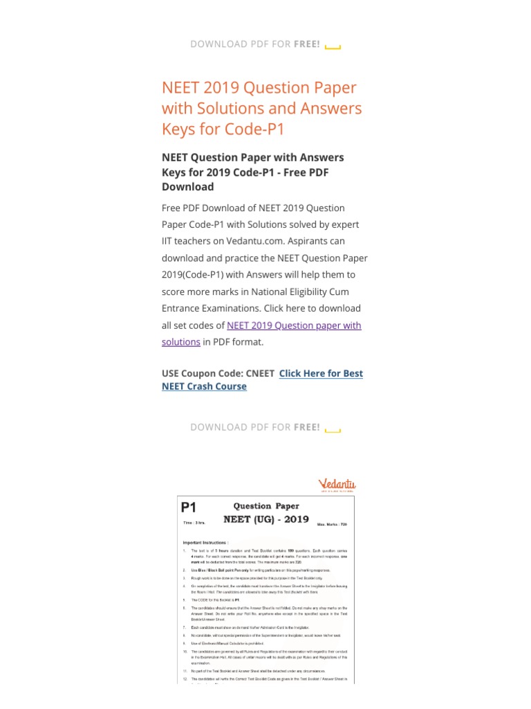 NEET 2019 Code-P1 Question Paper PDF | PDF | Business | Technology ...
