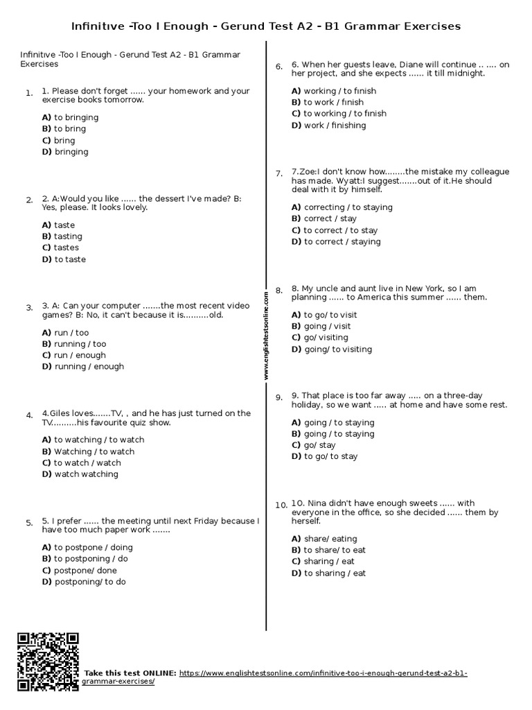 473 Infinitive Too I Enough Gerund Test A2 b1 Grammar Exercises | PDF