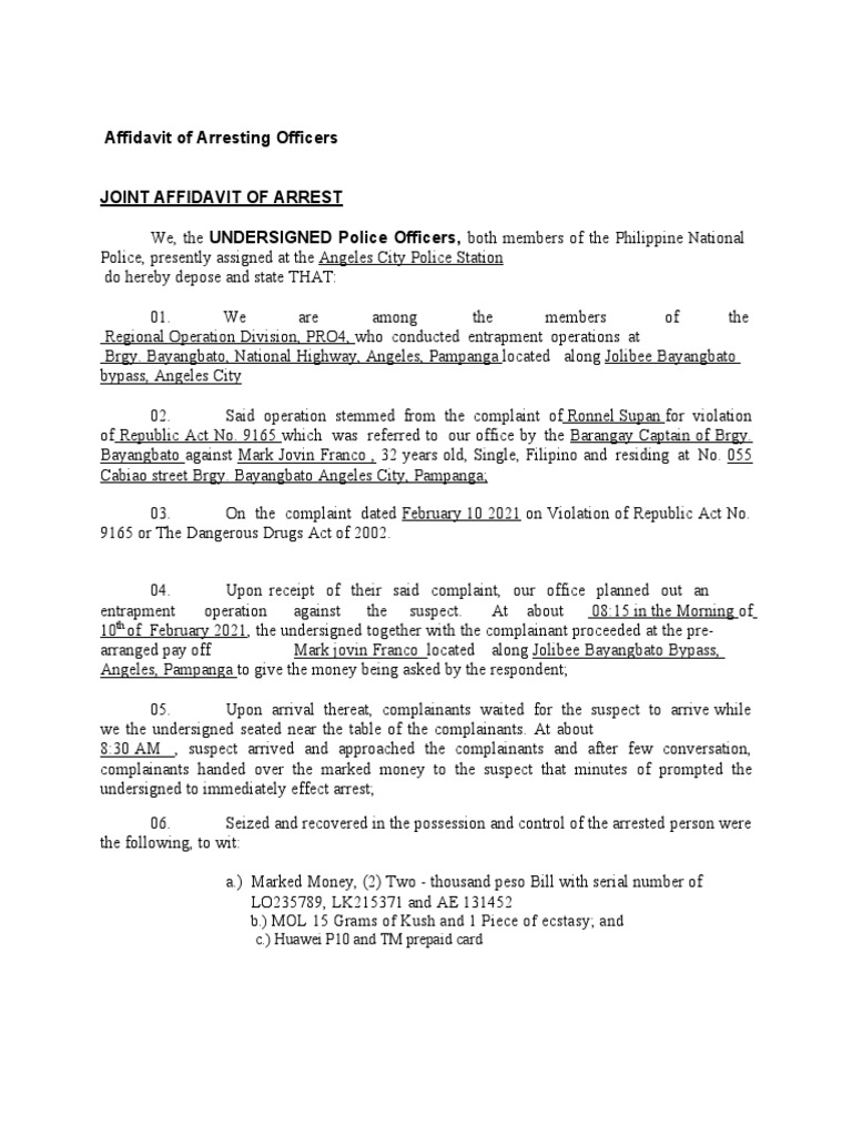 Affidavit of Arresting Officers | Download Free PDF | Affidavit | Justice
