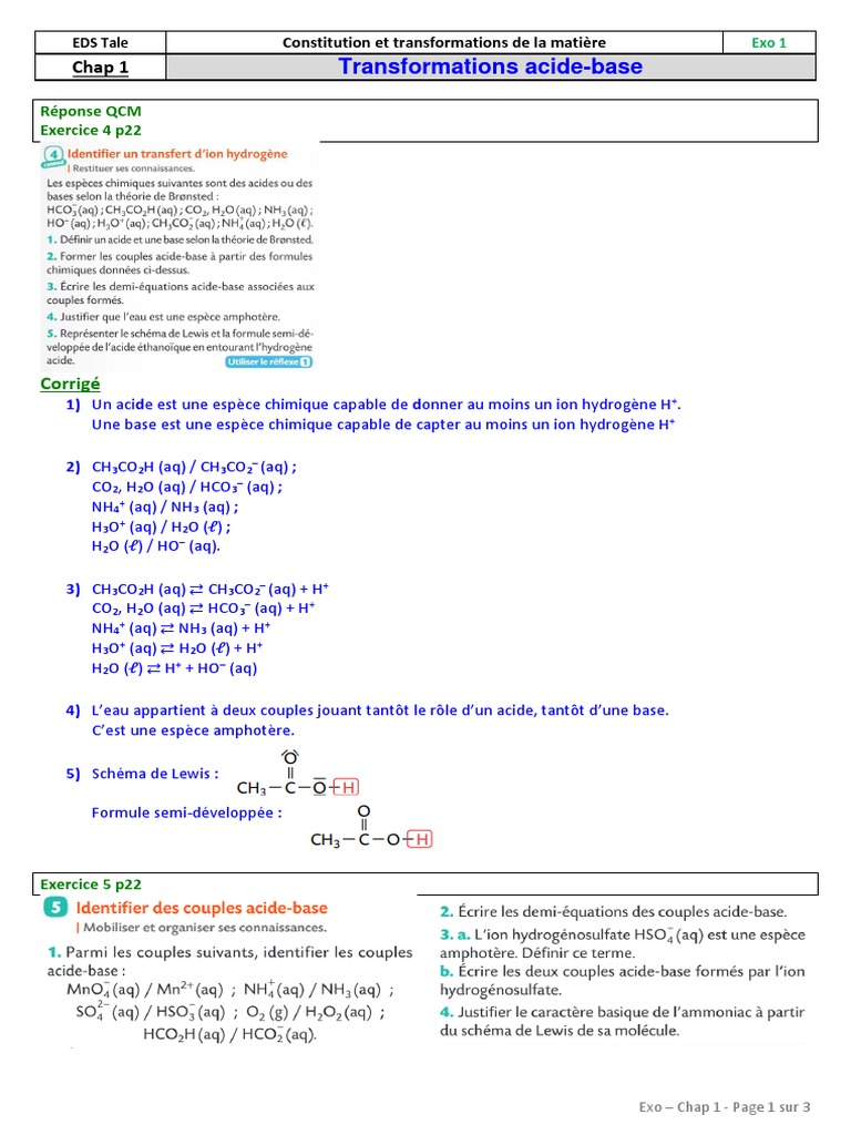 CH 1 Transformations Acide-Base-Correction Exo 4 À 9-1 | PDF | Ammonium ...