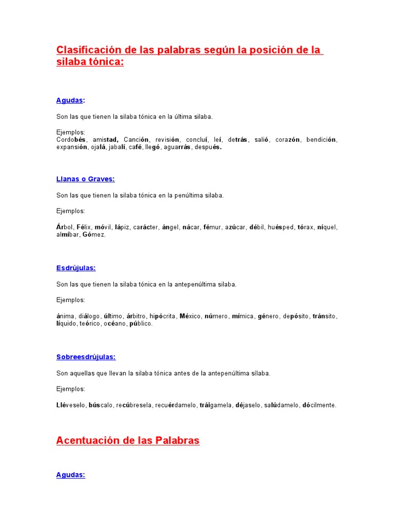 Clasificación de Las Palabras Según La Posición de La Silaba Tónica ...