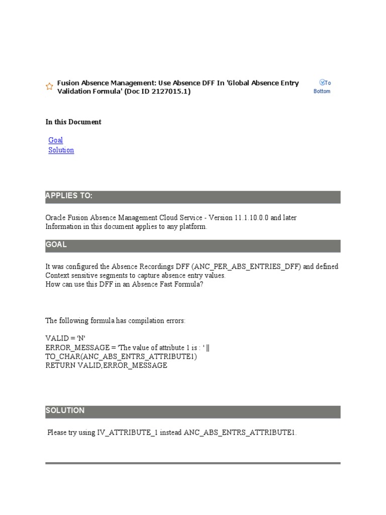 Use Absence DFF in Global Absence Entry Validation Formula (Doc ID 2127015.1) | PDF | Parameter ...