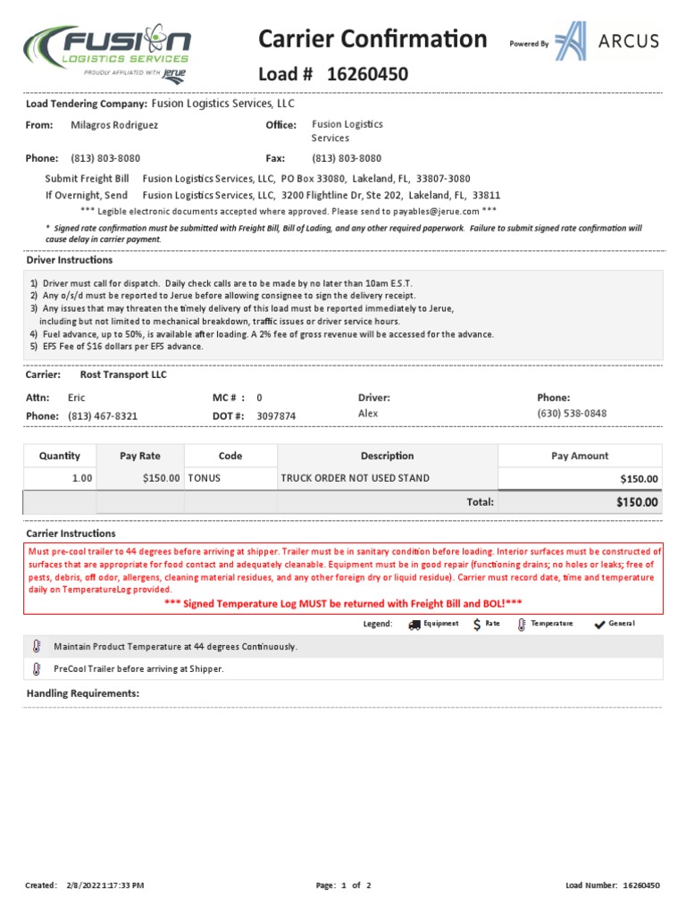 Carrier Confirmation: Load # 16260450 | PDF | Cargo | Bill Of Lading