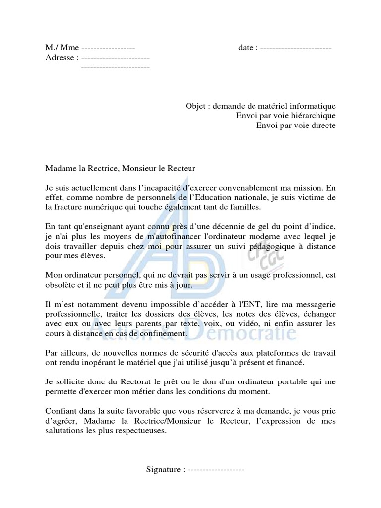 4 ULTIM Modele de Lettre de Demande de Matériel Informatique Au ...