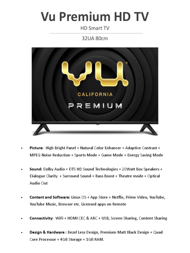 Vu+Premium+2K+TV Specification 32UA | PDF | Hdmi | Consumer Electronics