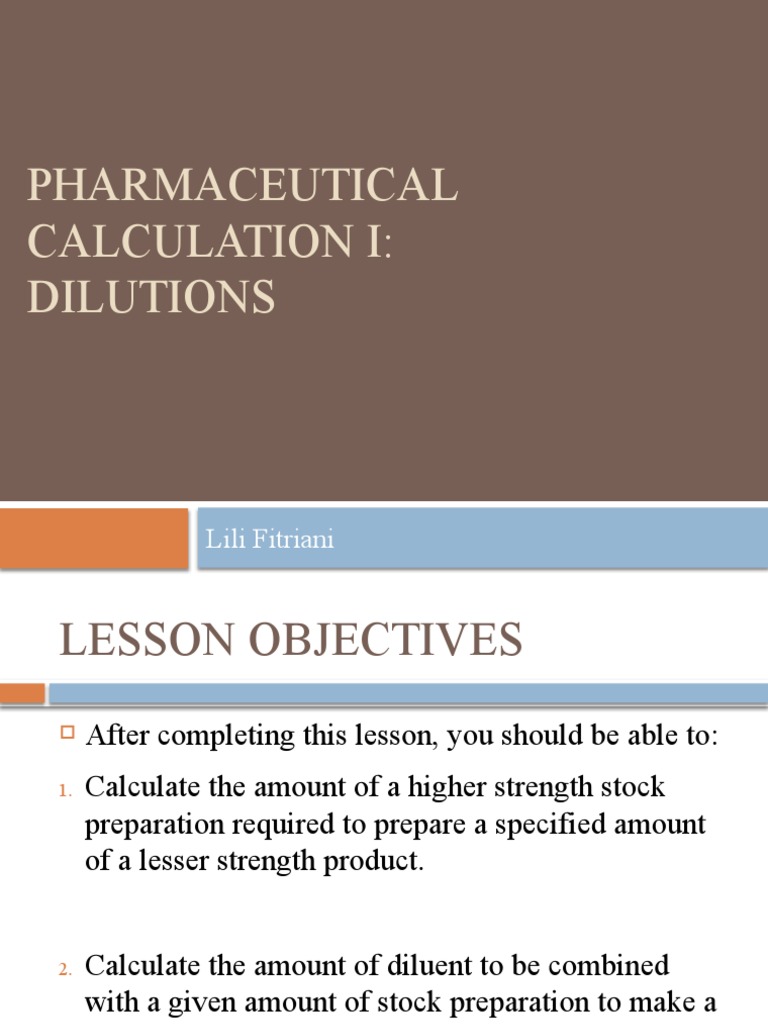 Pharmaceutical Calculation I - Dilutions | PDF | Sulfur | Solubility
