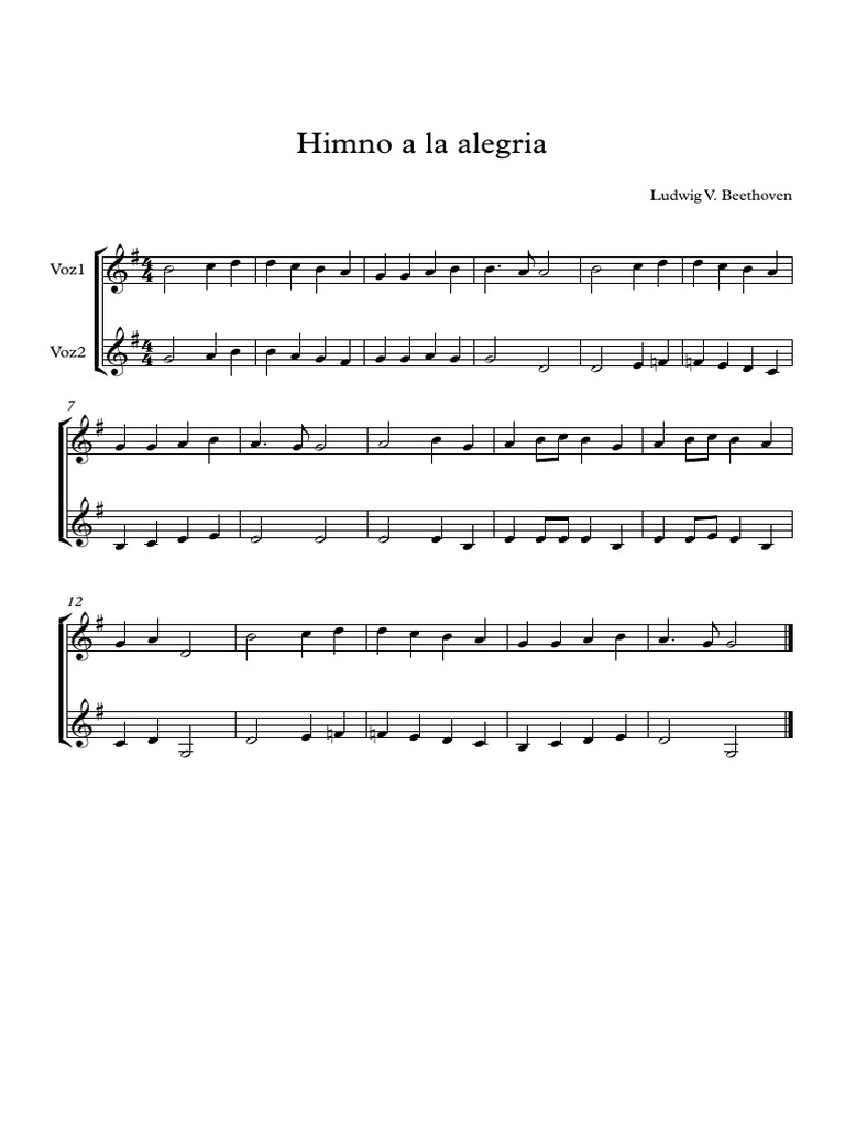 Himno A La Alegria 2 Voces - Partitura Completa | PDF