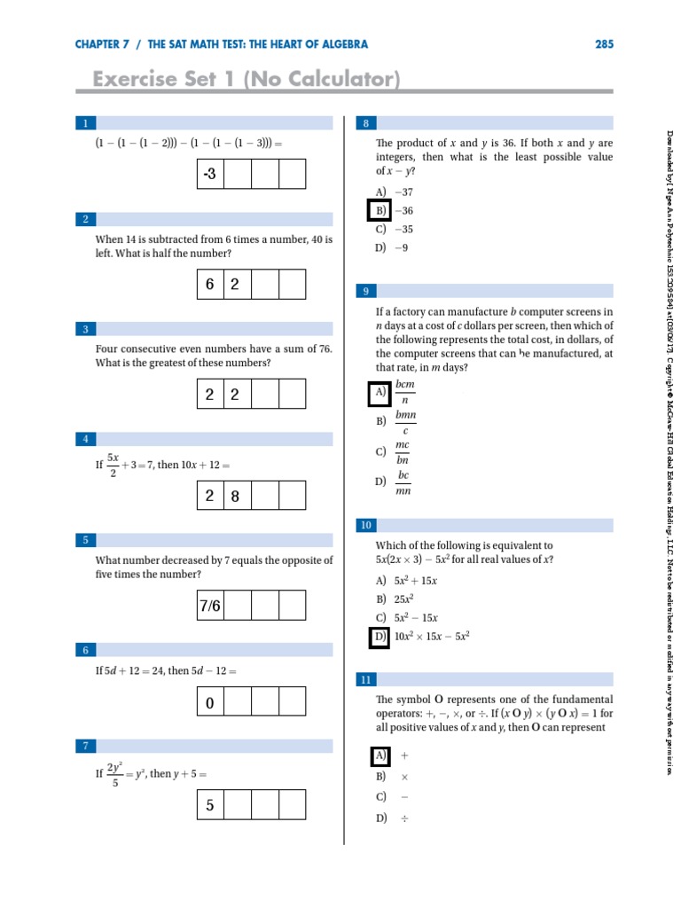 Exercise Set 1 (No Calculator) : Chapter 7 / The Sat Math Test: The ...