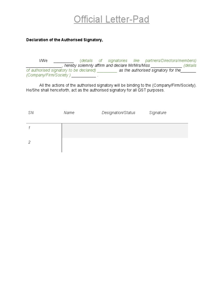 Format of Declaration of The Authorised Signatory in GST | PDF