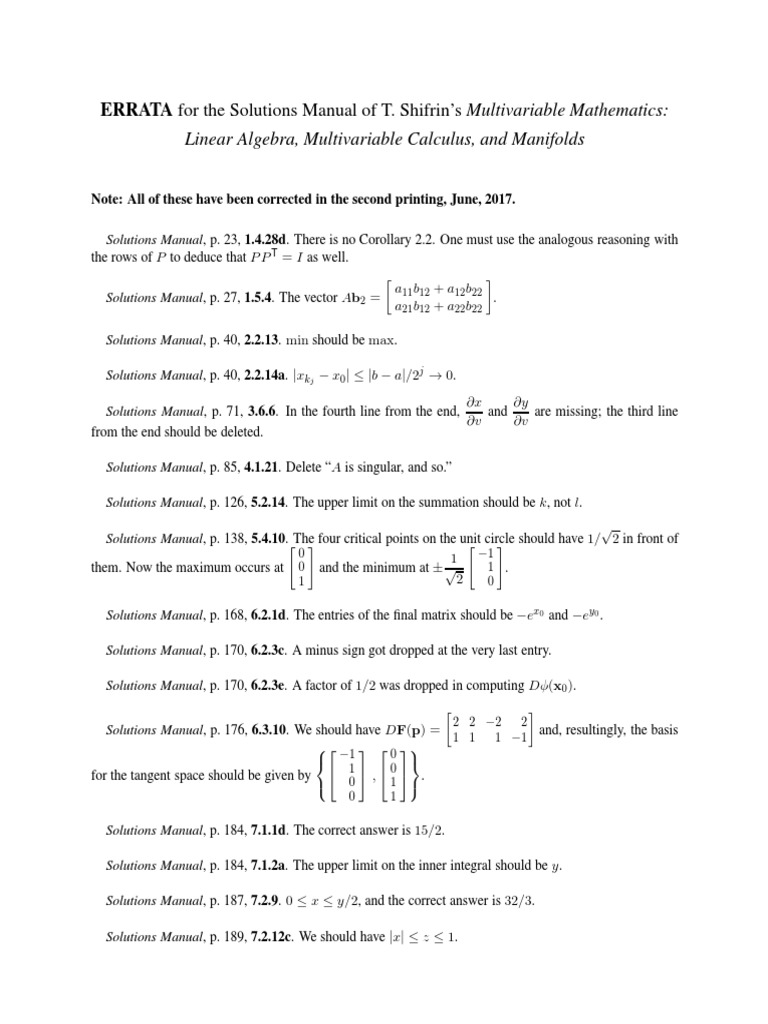 Errata For The Solutions Manual Of T Shifrin S Multivariable Mathematics Pdf Abstract