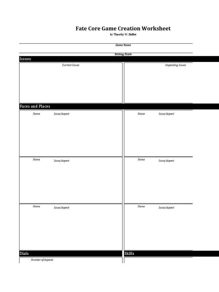 Fate Core Game Creation Worksheet | PDF