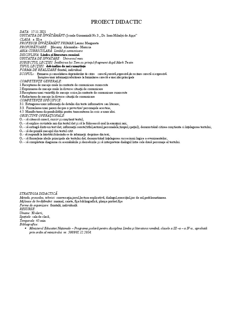 PROIECT DIDACTIC Lectie de Diploma | PDF