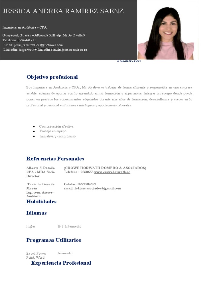 Curriculum Vitae Jessica Ramirez Act | PDF | Servicios financieros ...