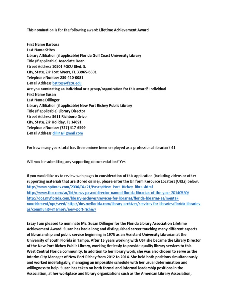 Lifetime Achievement Award Nomination Letter | PDF | Libraries | Librarian