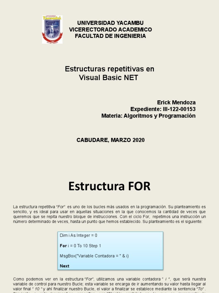 Estructuras Repetitivas en Visual Basic NET - Exposicion | PDF | Flujo de control | Básico