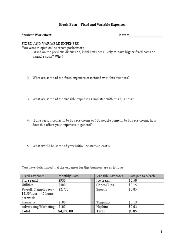 Break Even - Fixed and Variable Expenses Student Worksheet Name | PDF ...