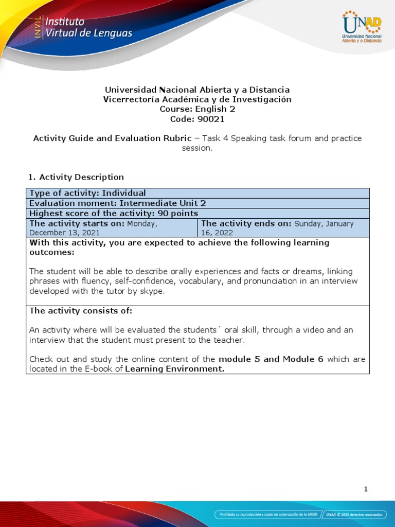 Activities Guide and Evaluation Rubric - Unit 2 - Task 4 - Speaking Task Forum and Practice ...