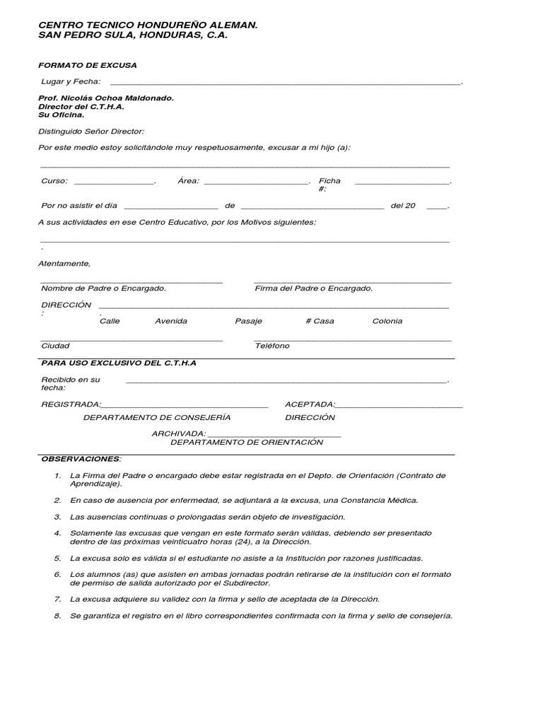 Formato de Excusa 2022 | PDF