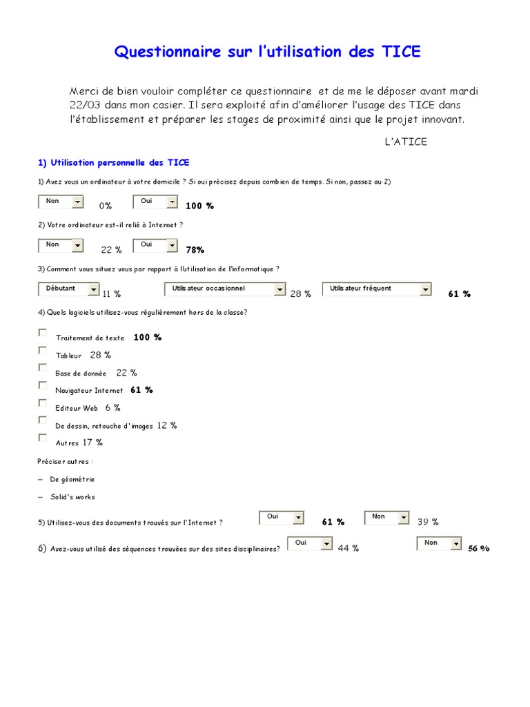 Questionnaire sur l'utilisation des TICE | PDF | Application | l'Internet