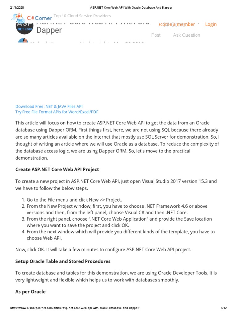 Core Web Api With Oracle Database And Dapper Pdf Databases C Sharp Programming Language