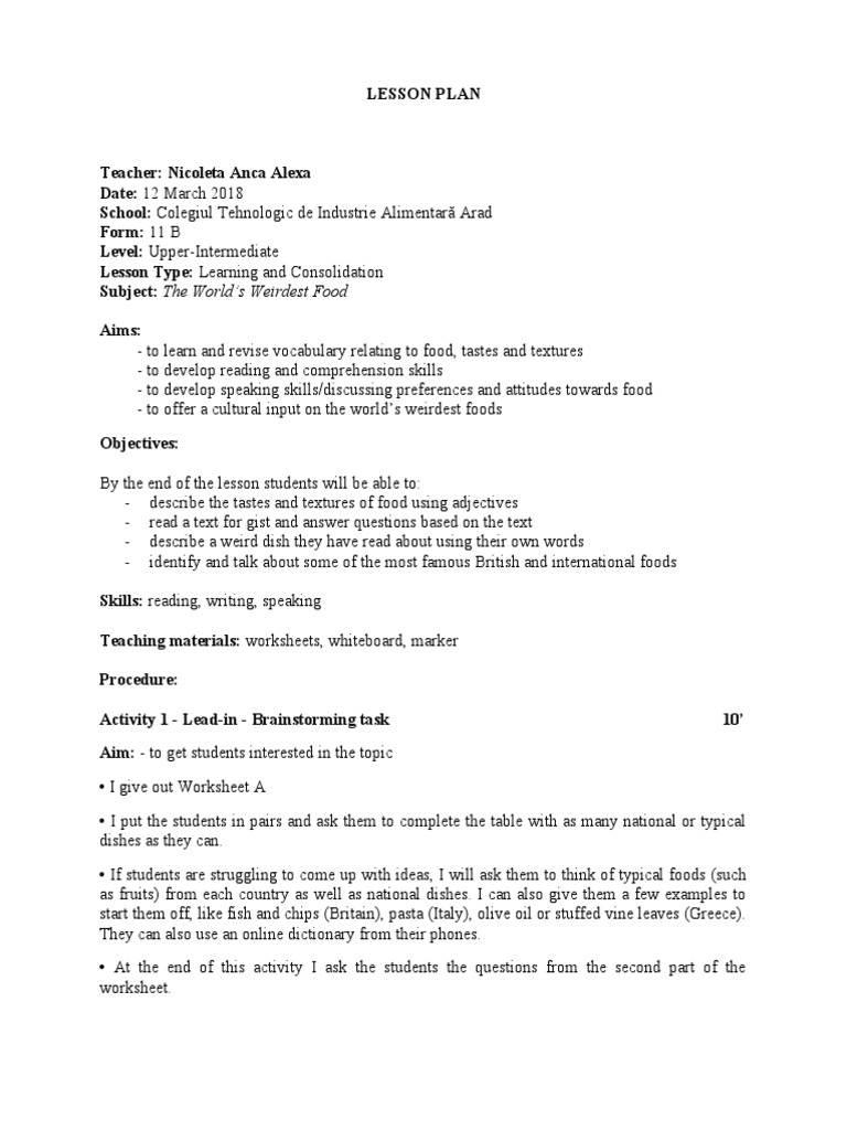 Exploring the World's Weirdest Foods | PDF | Lesson Plan | Foods