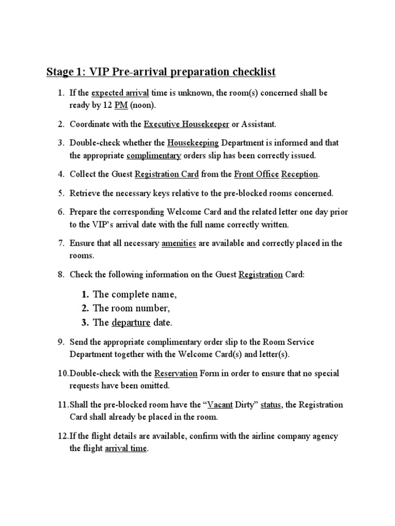 Stage 1: VIP Pre-Arrival Preparation Checklist: 1. The Complete Name, 2 ...
