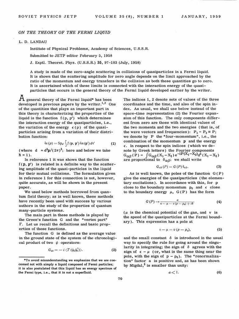 THEORY OF FERMI Liquid 2 JETP@landau1958 | PDF | Physics | Theoretical ...