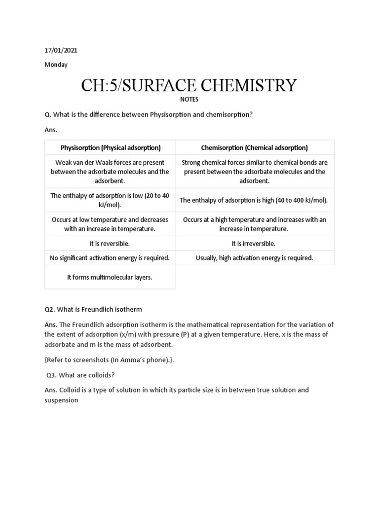 Ch5 Surface Chemistry Notes | PDF