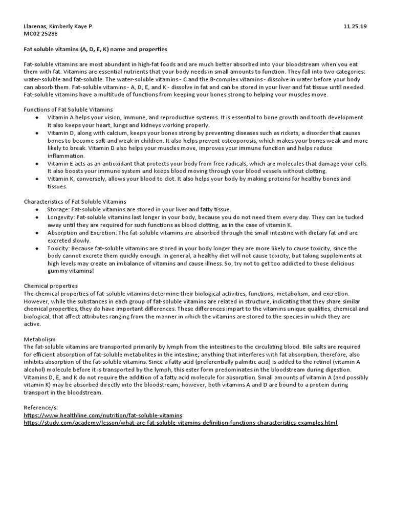 Fat Soluble Vitamins A D E K Name And Properties Pdf Liver