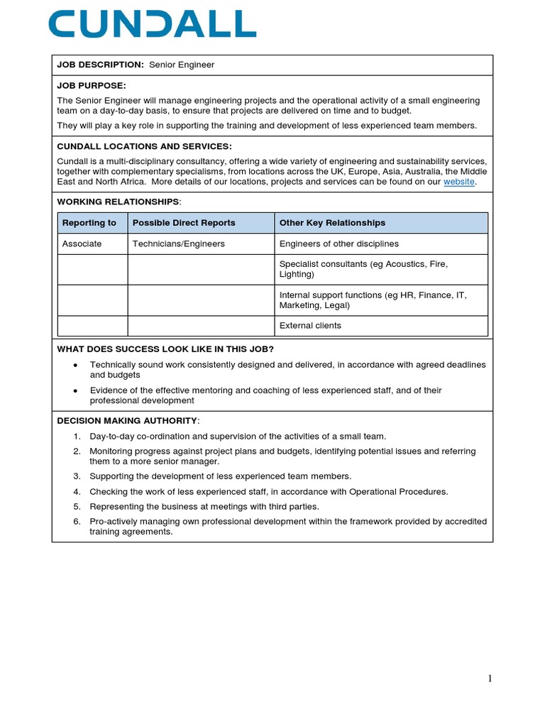 JOB DESCRIPTION: Senior Engineer Job Purpose:: Website | PDF ...