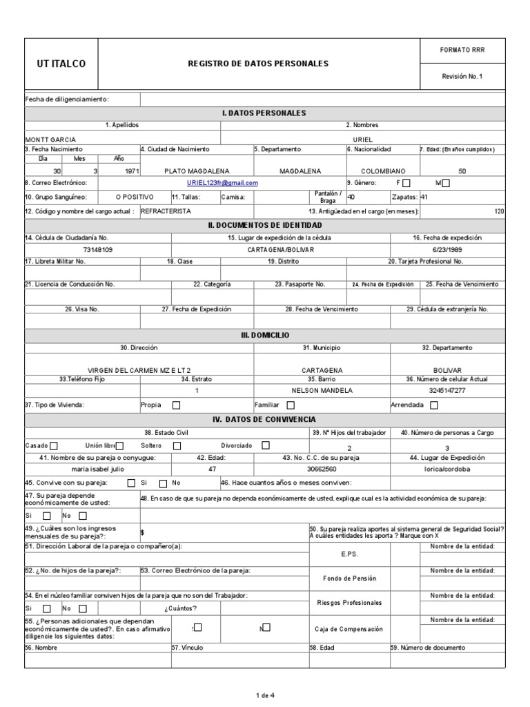 Formato R1 - Registro Datos Personales | PDF