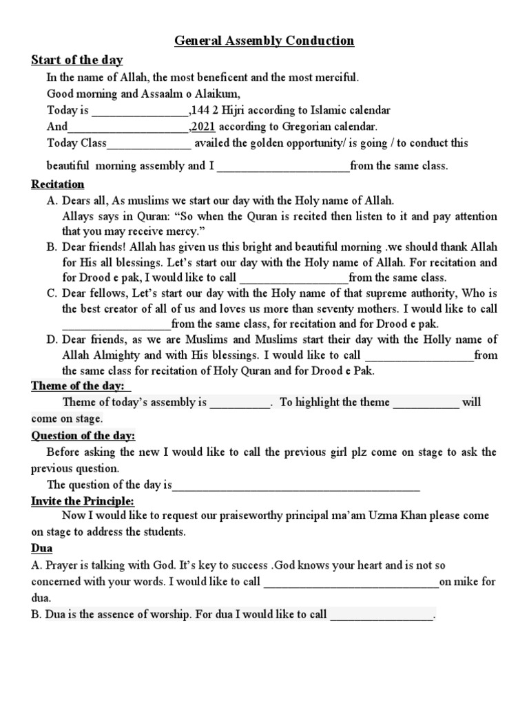 General Assembly Conduction Start of The Day: Recitation | PDF ...