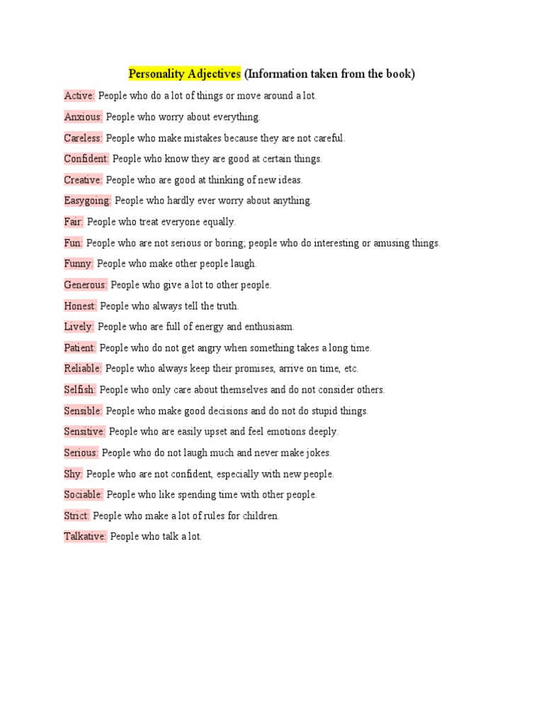 Personality Adjectives (Information Taken From The Book) | PDF
