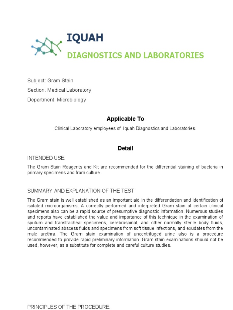 SOP For Gram Stain | PDF | Staining | Microscopy