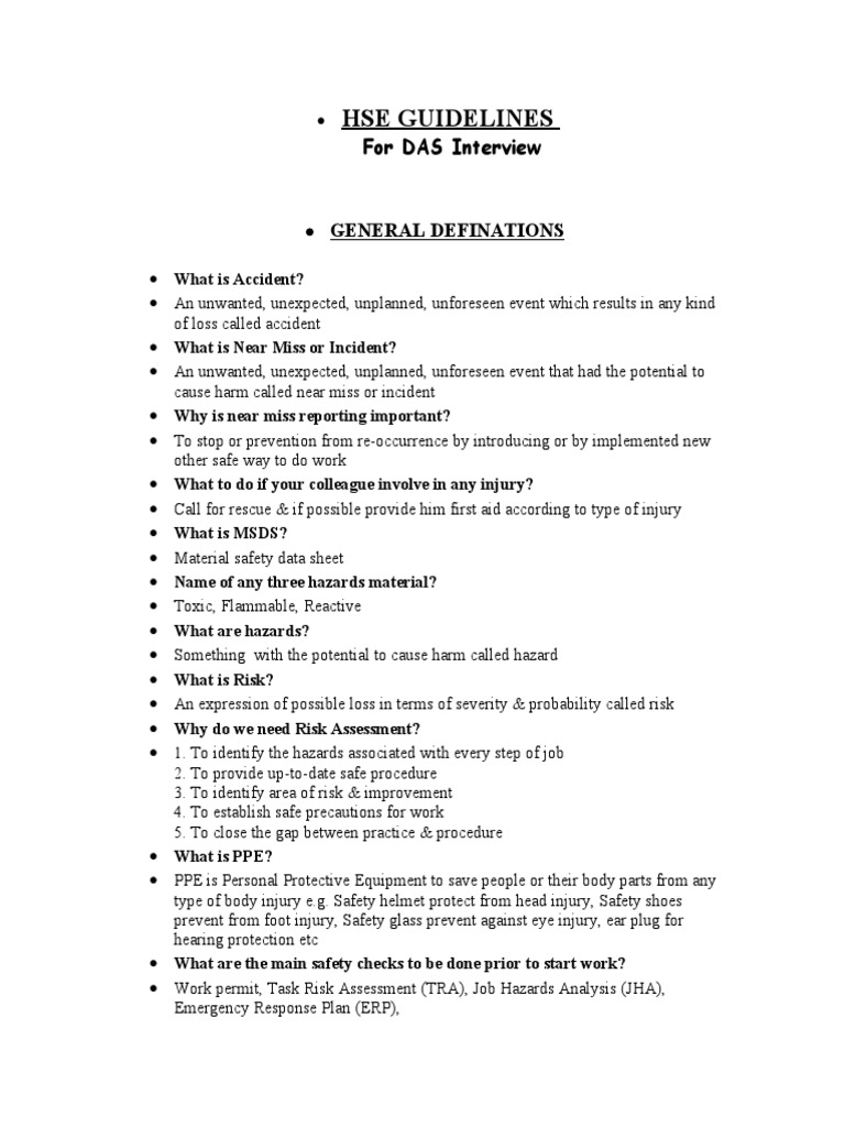 Guidelines for HSE Interview: A Comprehensive Review of Key Safety Terms, Hazards, and ...