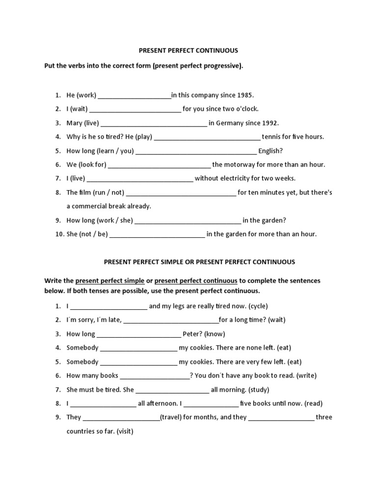 Present Perfect Continuous Exercises | PDF