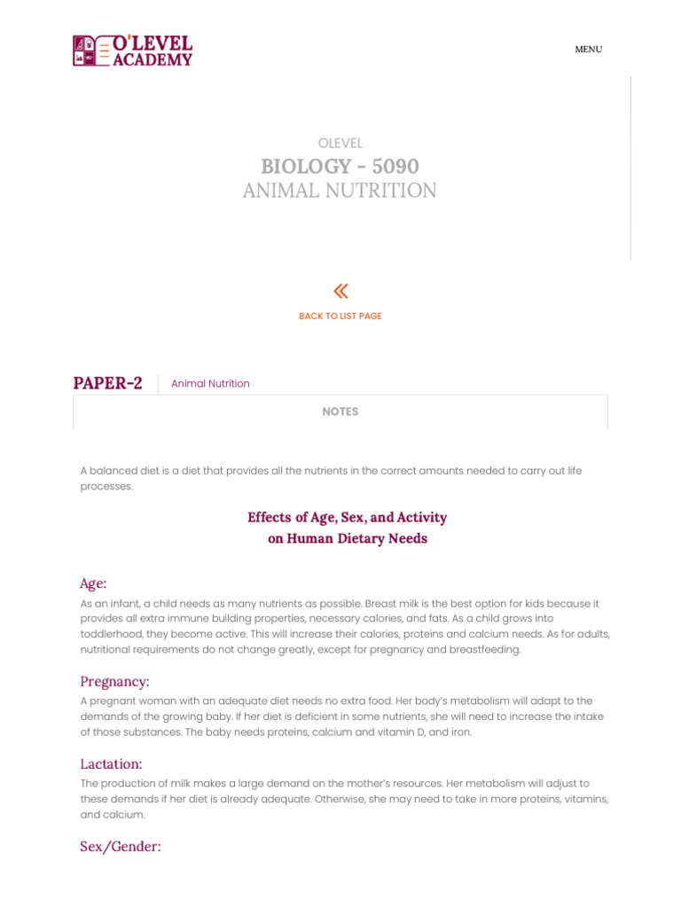 Animal Nutrition Notes - Biology - 5090 Notes - O Level Academy | PDF ...