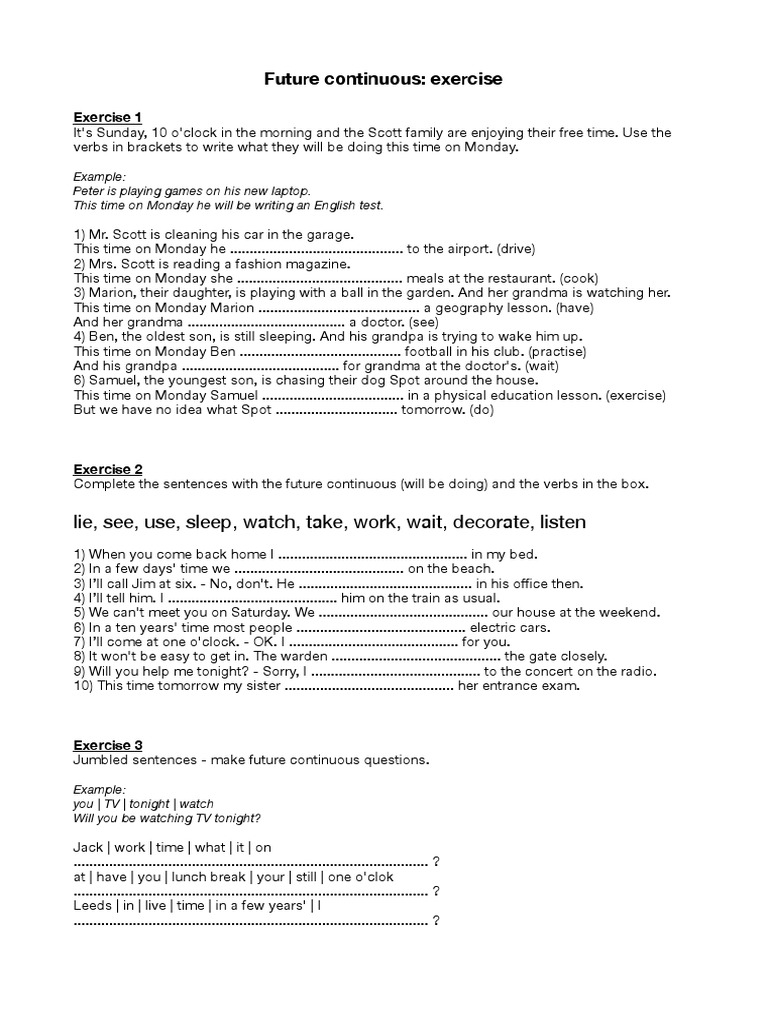 Future Continuous: Exercise: Lie, See, Use, Sleep, Watch, Take, Work ...