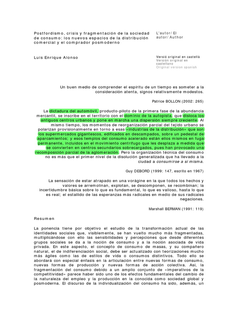Postfordismo, Crisis y Fragmentación de La Sociedad Del Consumo. Los ...